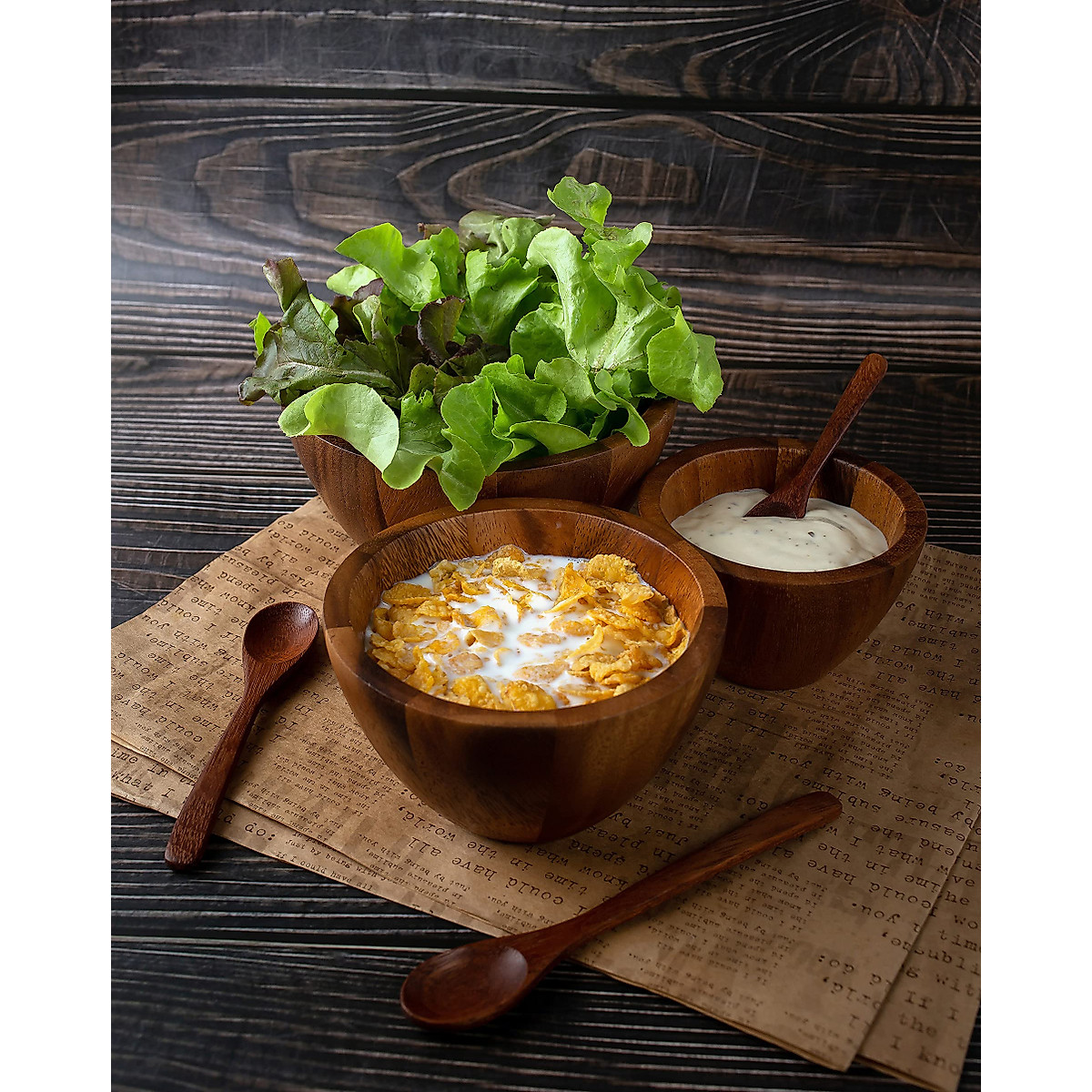 Tiny Nesting Round Wood Bowls Mix Size Stackable Acacia Wooden Bowl Set with Dia 4", 5", and 6" with 3 spoons for serving salad, fruit, dip sauce, salsa, snack, rice, pasta, cereal, Decor Nest Dish