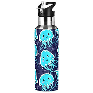 Cute Jellyfish Leak Free Insulated Bottles with Handle 32 oz Vaccuum Bottle with Straw Lid Thermal Bottle for Hot & Cold Drinks BAP-Free