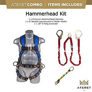 Palmer Safety Hammerhead 5pt Safety Harness 6' Safety Lanyard, D-Ring Extender Combo Kit 4 I OSHA ANSI Industrial Roofing Tool Personal Equipment (Blue - LG)