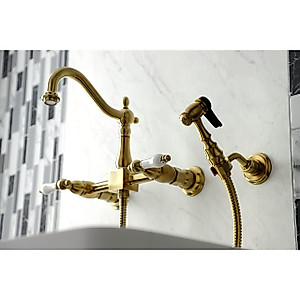 Kingston Brass KS1267PLBS Heritage 8-Inch Centerset Wall Mount Kitchen Faucet with Brass Sprayer, Brushed Brass