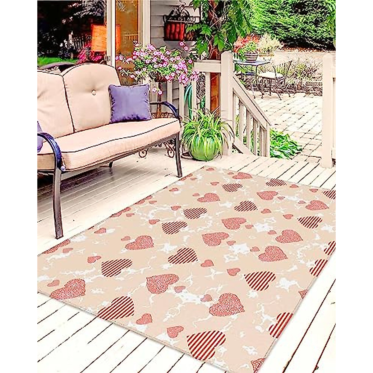 JasmineM Pink Heart Pattern Outdoor Rug Mats, Waterproof Outdoor Plastic Straw Rug 4'x6' for Patio, Thanksgiving Indoor Outdoor Area Rug for Front Door, Deck, Picnic, Porch, Balcony