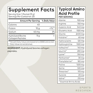 Sports Research® Collagen Peptides Packets (20 Count) - Hydrolyzed Type 1 & 3 Collagen Powder Protein Supplement for Healthy Skin, Nails, & Joints - Non-GMO & Gluten Free