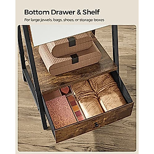 SONGMICS LED Cabinet Standing, Lockable Jewelry Armoire with Full-Length Mirror, Space-Saving Jewelry Organizer with Mirror, Bottom Drawer and Shelf, Gift Idea, Rustic Brown UJJC025X01