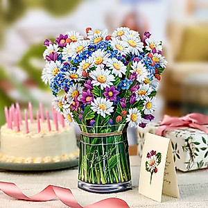 Freshcut Paper Pop Up Cards, Paper Flower Bouquet 3D Popup Greeting Cards with Note Card & Envelope, Birthday Card, Anniversary, Get Well Gifts for Women, 12" Field of Daisies