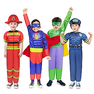 Teuevayl Boys Muscle Chest Dress up Costumes Set Trunk with Superhero, Policeman, Fireman, Kids Pretend Role Play , Boys Dress up Clothes for Kids Ages 4-7