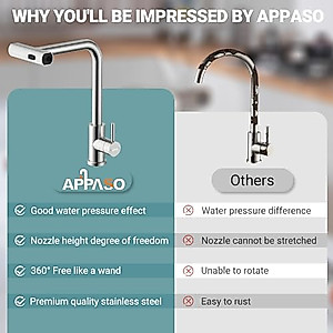 APPASO Waterfall Kitchen Faucet with Pull-Out Sprayer, Brushed Nickel Kitchen Faucet with Sprayer 3-Mode, SUS304 Stainless Steel 360° Swivel Kitchen Sink Faucet, High Arc Single Hole Sink Faucet