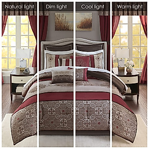 Madison Park Essentials Delaney 24-Piece Room In A Bag Comforter Set-Satin Jacquard, All Season Luxury Bedding, Sheets, decorative pillows and Curtains, Valance, Cal King(104"x92"), Medallion Red