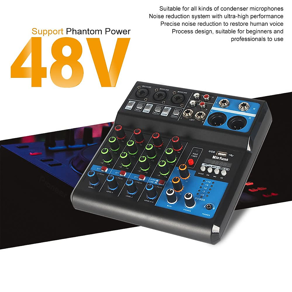 Mini audio DJ mixer Sound Board Console System,5 Channel 48V Phantom Power with Bluetooth USB MP3 Stereo live DJ Studio Streaming for professional recording party KTV stage