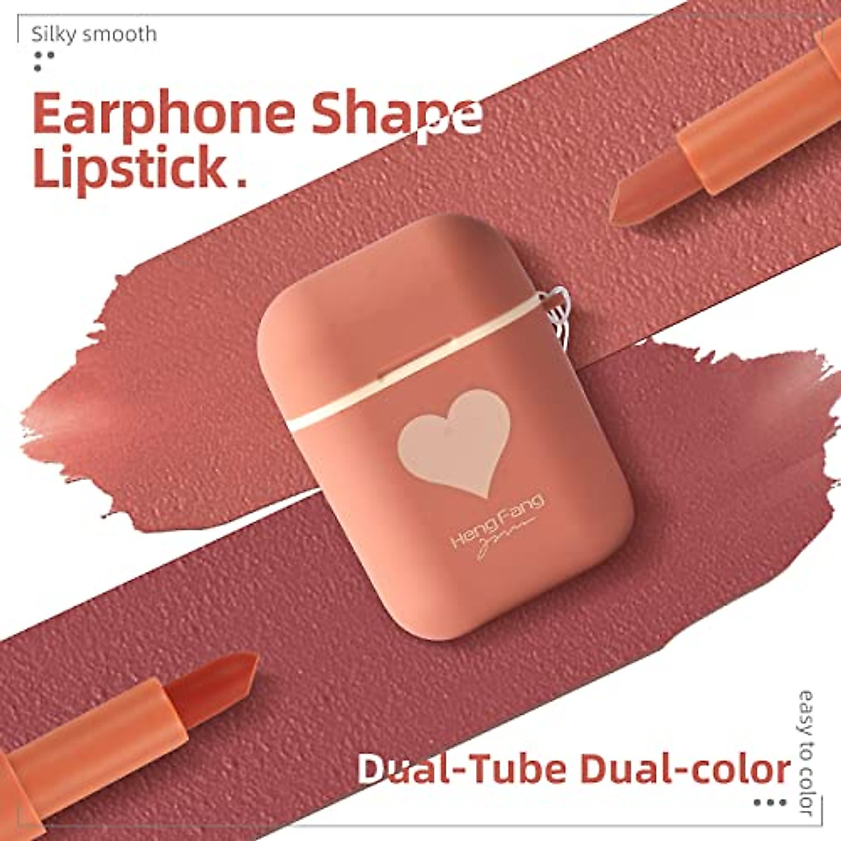 LAMUSELAND Matte Lipstick, 2Pc/Set Waterproof Long Lasting Moisturizing Lip Stain Earphone Dual-color Lip Gloss Primer, Non-stick Cup Lip Make Up Gift Kit for Girls (Red)