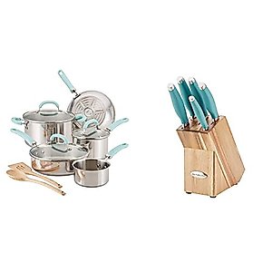 Rachael Ray Create Delicious Cookware Set, 10-Piece, Stainless Steel with Light Blue Handles & Ray Cucina Japanese Stainless Steel Knife Kitchen Cutlery Wooden Block Set, 6 Piece, Agave Blue