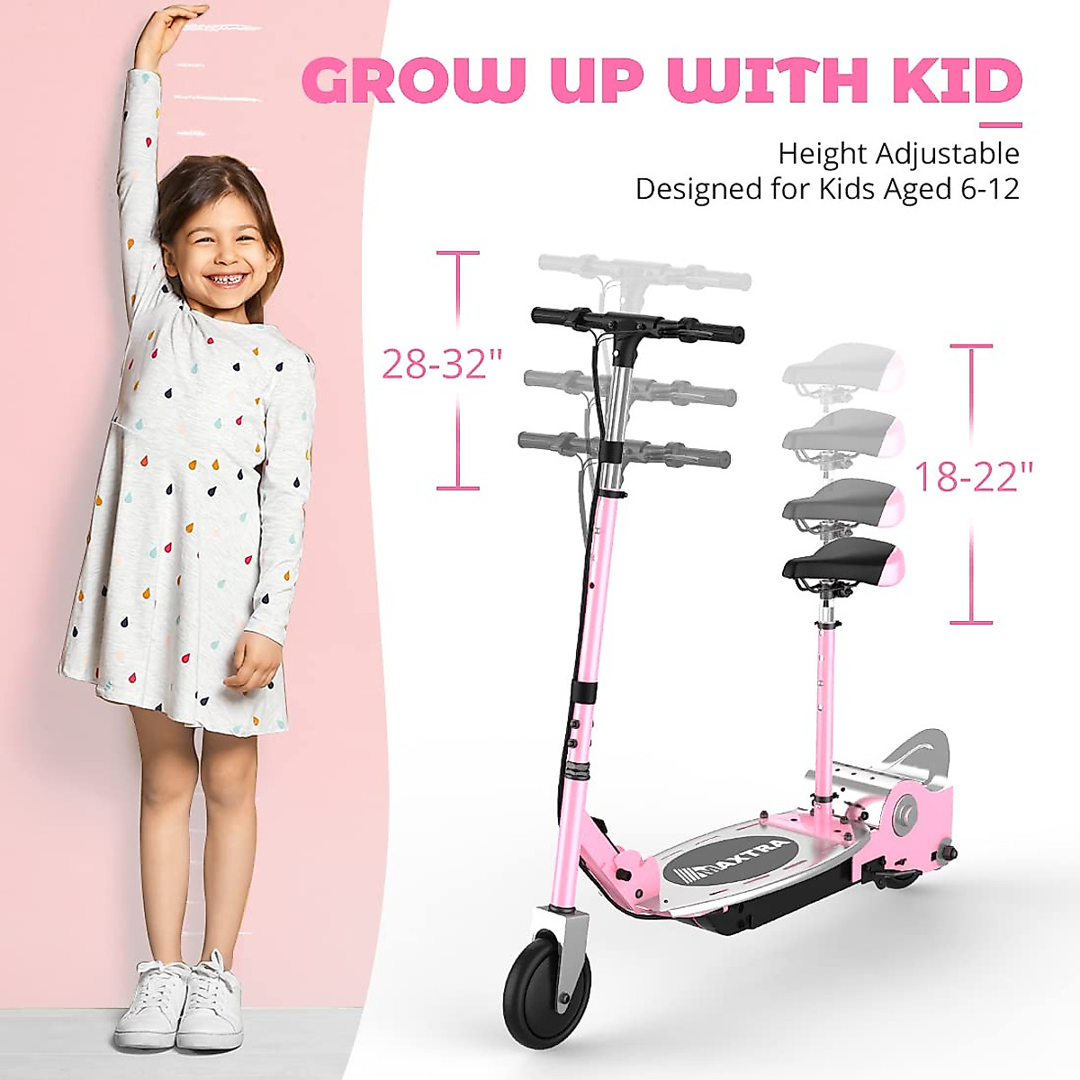 MAXTRA E120 Electric Scooter with Seat for Kids Ages 6-12, 60 Mins Long Battery Life, Removable Seat 2 Riding Styles, 155LBS Max Load