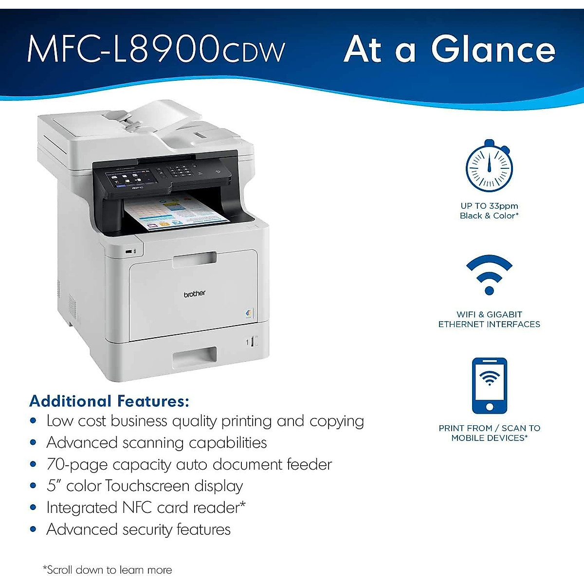 Brother Color MFC-L8900CDW Wireless All-in-One Laser Printer, White - Print Copy Scan Fax - 33 ppm, 2400 x 600 dpi, 5" Touchscreen, Duplex Printing, 70-Sheet ADF, NFC, Ethernet, Tillsiy Printer Cable