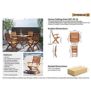 INTERBUILD REAL WOOD Acacia Hardwood Foldable Casino Chair with Arm Rests, Balcony | Dining | Garden | Patio Chairs, 17" Tall, 2 Piece Set - Espresso