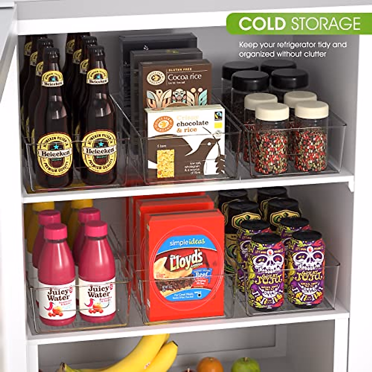 3 Pack Snack Organizer for Pantry – Food Organization and Storage Clear Bins w Removable 3 Dividers, Acrylic Fridge/Refrigerator Organizers, for Kitchen, Cabinets, Snacks, Packets, Sauce, Pouches