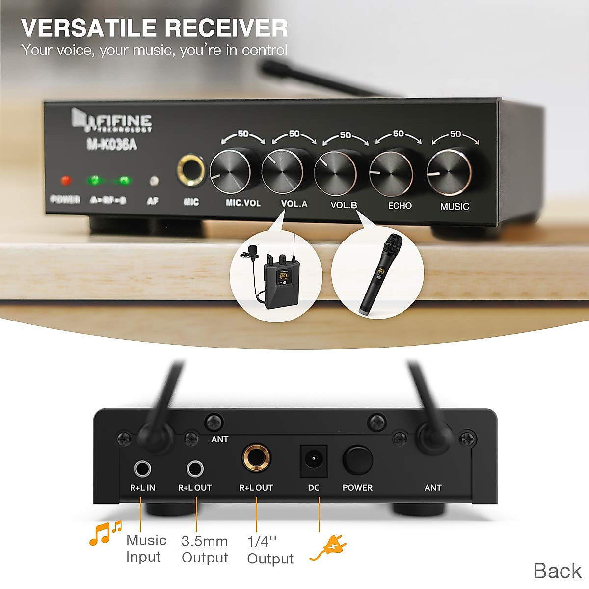 FIFINE Wireless Microphone System, 50 Channels, 3.5mm Jack, Auxiliary