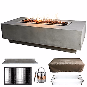 Elementi Granville Fire Pit Bundle Outdoor Firepit Set Includes 60” Natural Gas Concrete Firepit Table, Glass Windscreen, Stainless Steel Cover, Canvas Cover, Floor Mat, Ice Bucket