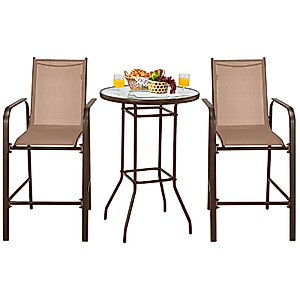 Tangkula 3 Pieces Outdoor Patio Bar Set, Outdoor Bistro Set with 2 Bar Stools and 1 Tempered Glass Bar Table, Bar Height Patio Table and Stools Set for Backyard, Garden, Lawn (Coffee)