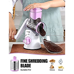 Geedel Rotary Cheese Grater, Kitchen Mandoline Vegetable Slicer with 3 Interchangeable Blades, Easy to Clean Rotary Grater Slicer for Fruit, Vegetables, Nuts