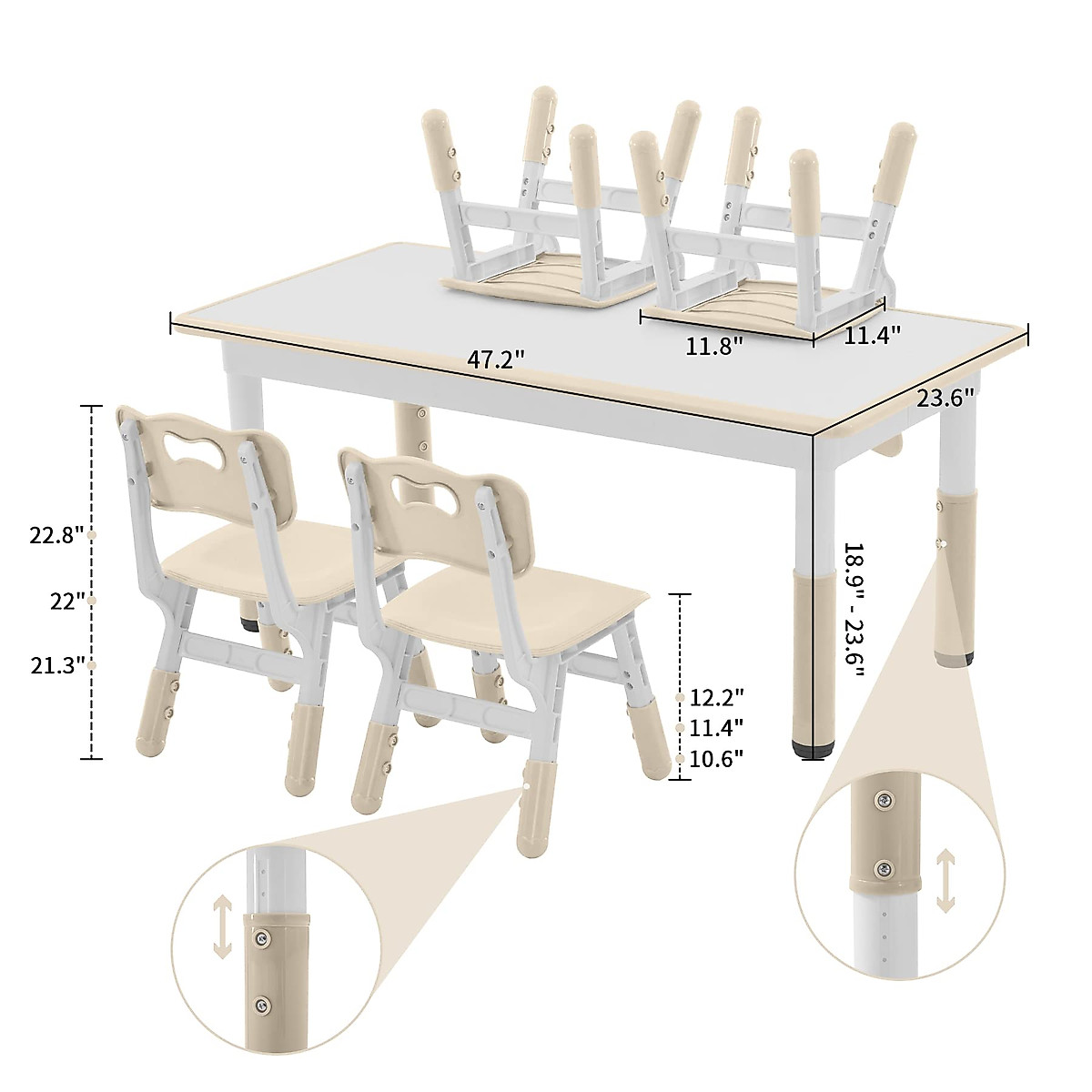 DOREROOM Toddler Table and Chairs Set for 4, 47.2''L x 23.6''W Kids Study Table and Chair Set, Height-Adjustable, Graffiti Desktop, Children Activity Table for Daycare, Classroom, Home