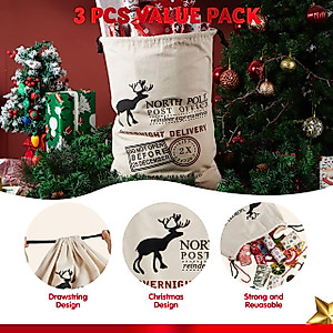 JOYIN 3 Santa Burlap Sack Christmas Gift Bags with Drawstring 26" x 19" for Large Xmas Package Storage, Event Party Supplies, Christmas Party Favors.