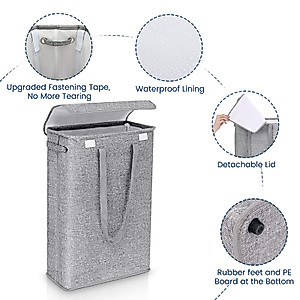 Slim Laundry Basket with Lid, Tall Thin Laundry Hamper with Handles, Waterproof Lining Narrow Dirty Clothes Hamper for Bathroom Bedroom Dorm Nursery Organization Storage (45L, Dark Grey)