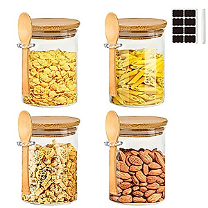 Hwawhin 4 Pack Airtight Glass Jars with Bamboo Lid & Spoons, 19 OZ Glass Food Storage Jars Borosilicate Glass Canisters for Coffee Bean, Sugar, Storage, Dry Goods, Cookie, Candy, Tea, Spices and More