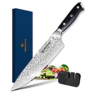 Brewin Kitchen Knife with Sharpener, Razor Sharp 8 Inch Chef Knife with Black Pakkawood Handle German High Carbon Stainless Steel Full Tang Professional Cooking Knives with Gift Box