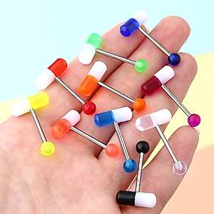 Melighting 10Pcs Pill Tongue Ring Barbell 14G Surgical Steel Tongue Rings with Mix-Color Uv Shaped Tongue Piercings Tongue Ring with Ball Piercing Jewelry for Women Men Set 16mm