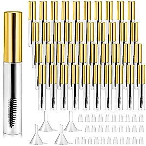 40 Pieces 10 ml Empty Mascara Tubes Eyelash Wand Refillable Clear Bottles Eyelash Cream Container Bottle with 4 Pieces Transparent Funnels Transferring Castor Oil for DIY Cosmetics (Golden)