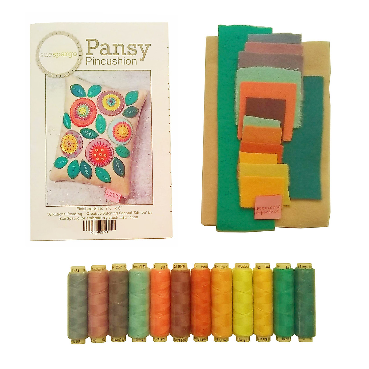 Pansy Pincushion Wool Applique Project Kit by Sue Spargo - Pattern, Fabrics, and Coordinating Ellana Thread Pack KIT_PANSY