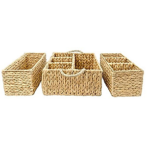 ATHENA HOME Set of 3 Wicker Divided Storage Basket Woven Basket Hyacinth for Organizing Bathroom, Kitchen Shelves Office Supplies Organization Rectangular Tray, Use on Bathroom Vanity, Countertop.