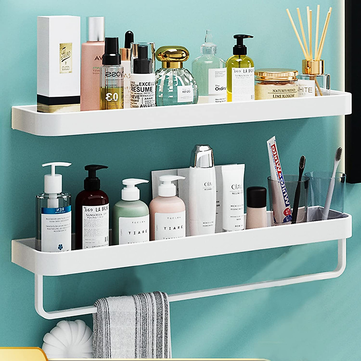 Halyuhn Bathroom Wall Shelf(Non-Adhesive), 15.7in Tempered Glass Bathroom Shelf with Towel bar Wall Mounted, 2 Tier Bathroom Wall Shelves for Bathroom Organizers and Storage, White