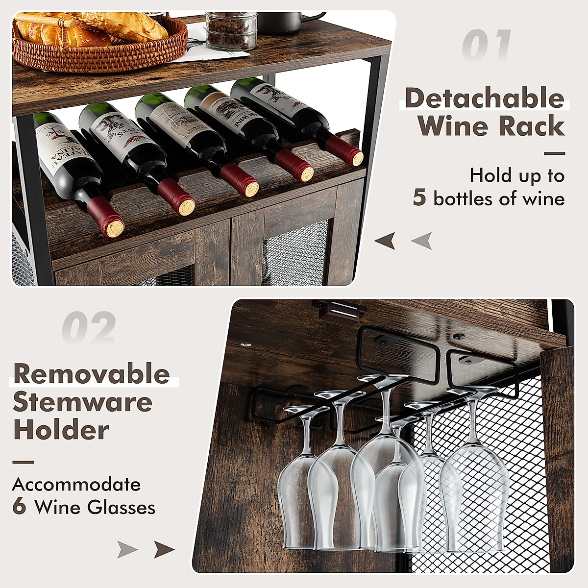 PETSITE Wine Bar Cabinet, Home Liquor Cabinet with Removable Wine Rack and Glass Holder, Coffee Bar Cabinet with Storage, Industrial Sideboard Buffet Cabinet with Mesh Doors for Kitchen
