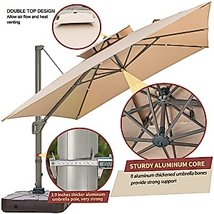 LKINBO 9X9FT Cantilever Umbrella Double Top Outdoor Umbrellas Large Patio Umbrella Windproof Offset Umbrella Heavy Duty Hanging Sun Umbrella With Cross Base for Garden Deck Pool Beach Market, Khaki