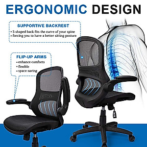 Funria Mid Back Mesh Office Chair Adjustable Ergonomic Swivel Executive All Mesh Task Chair with Flip Up Armrests Lumbar Support Computer Desk Chair