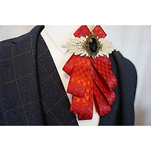 rhinestone brooch Red Bow tie brooch for women men Retro Brooch pins carvat rhinestone broach ribbon fabric collar bow brooch necklace for suits (red)