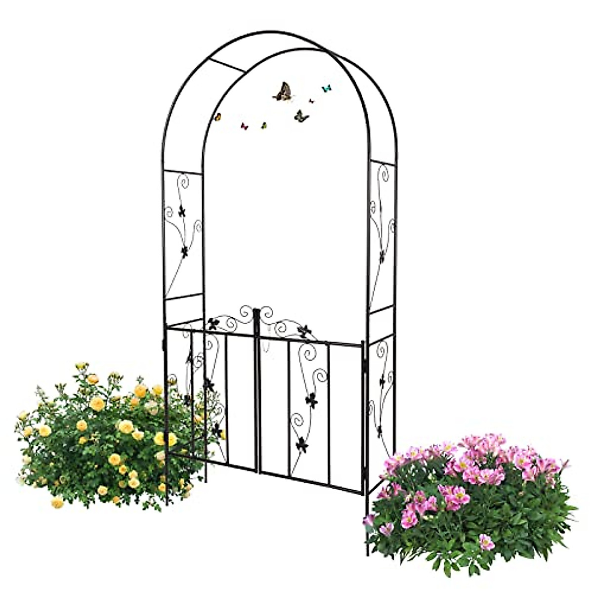 Outdoor Metal Garden Arbor Decorative Steel Garden Trellis Arch Stand with Gate, 8'H x 3.6'W, Black