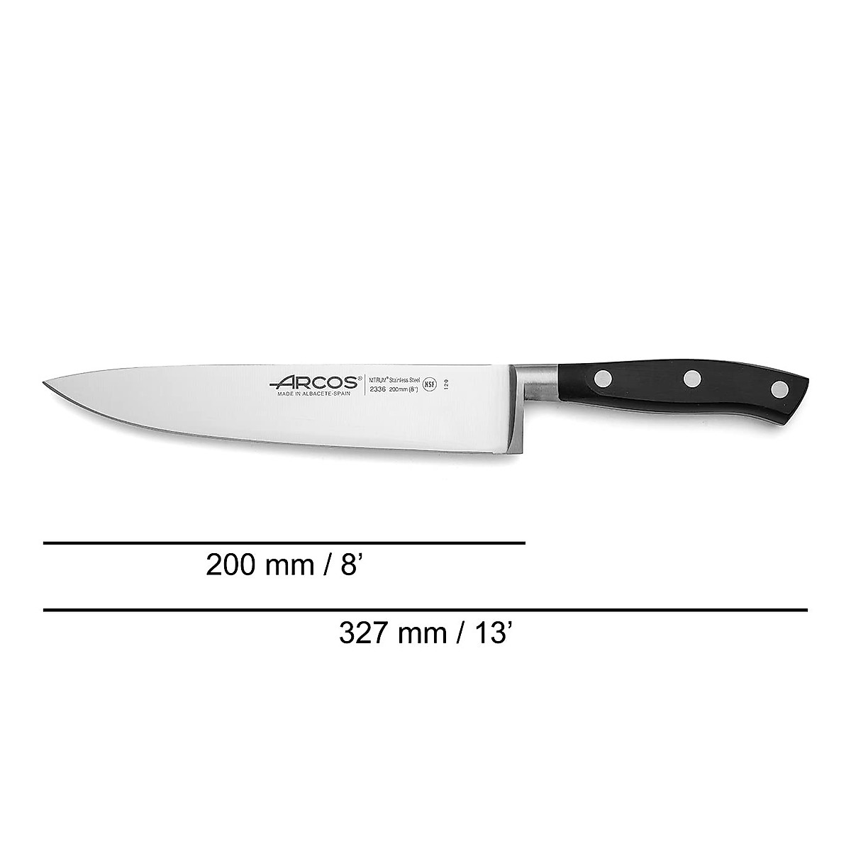 ARCOS Chef Knife 8 Inch Stainless Steel. Professional Cooking Knife for Cutting Fish, Meat and Onion. Ergonomic Polyoxymethylene Handle and 200mm Blade. Series Riviera. Color Black