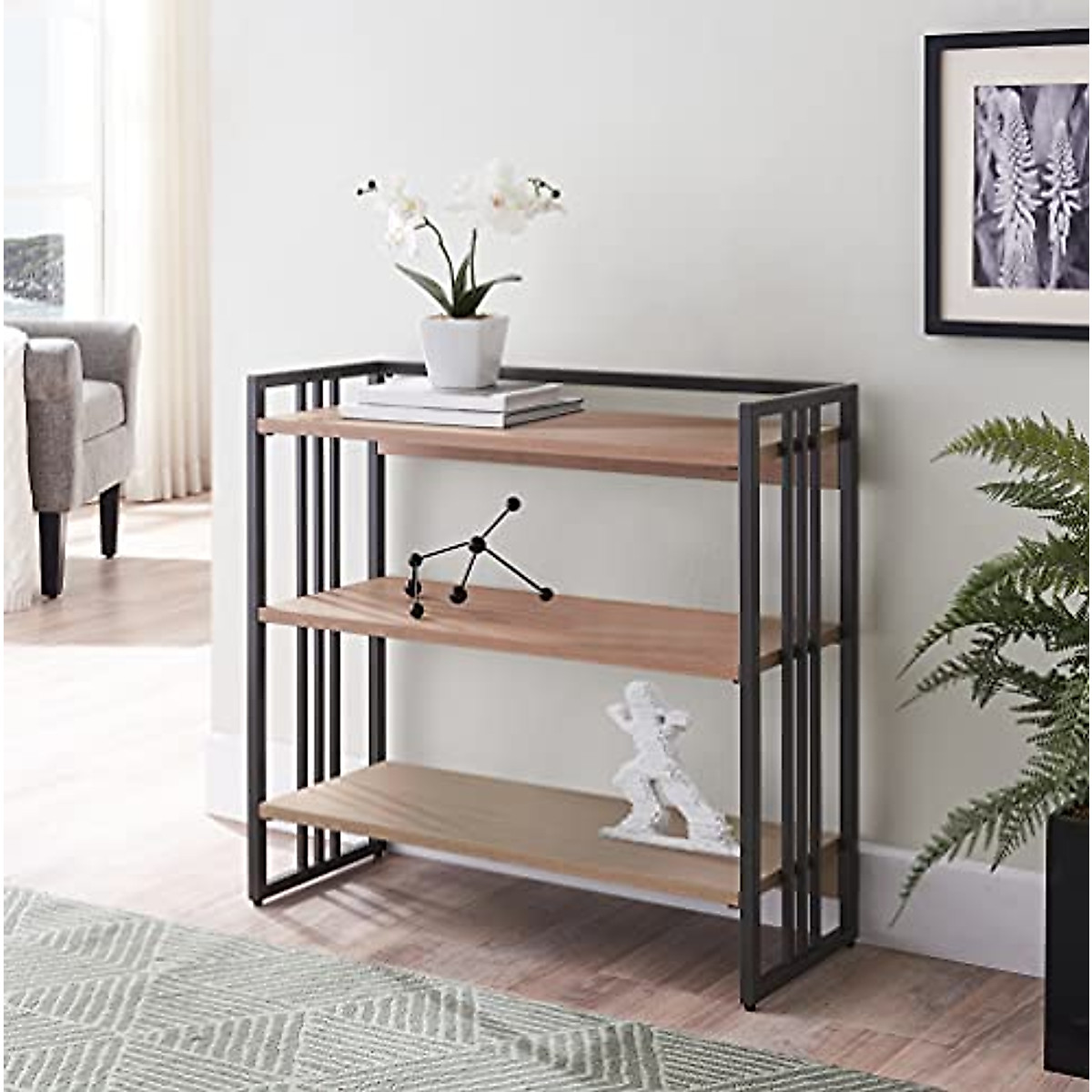 Leick Home 70008-WOGM Mixed Metal and Wood Slatted Bookshelf, White Oak/Gunmetal Gray