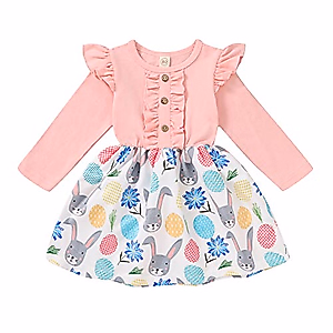 YOUNGER TREE Toddler Baby Girl Easter Outfits Ruffle Long Sleeve Top Bunny Egg Print Skirt One-Piece Girl Dress Clothes (18-24 Months, Pink/Bunny Egg)
