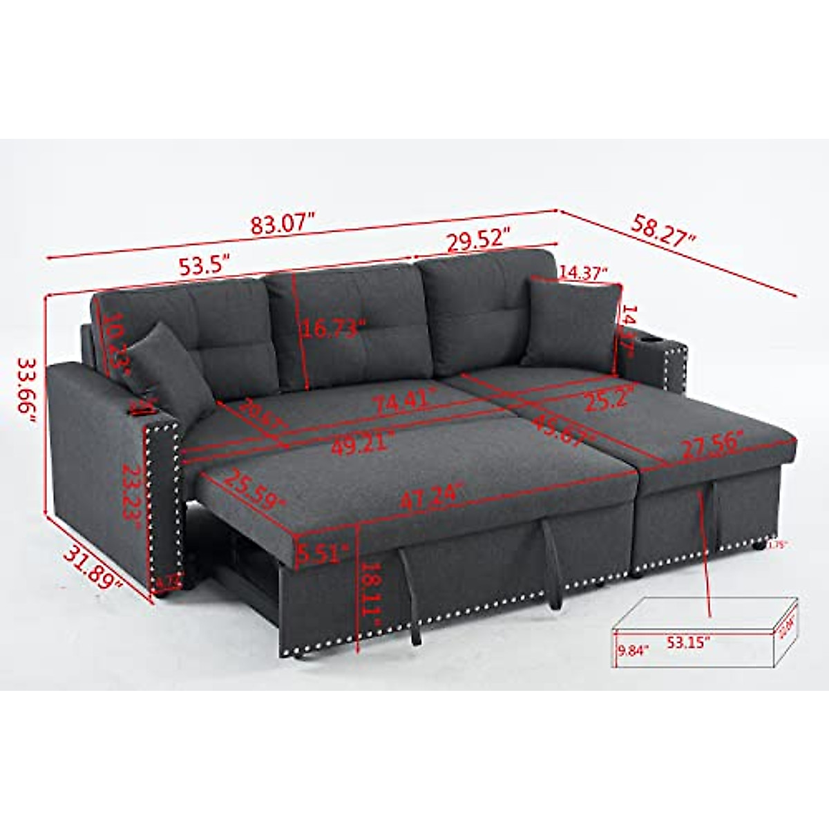 Payeel Sectional Sofa with Pull-Out Bed and Storage Chaise Lounge 83" Furniture Contemporary L-Shaped Fabric Sleeper Sofa Bed with Cup Holders for Living Room, Apartment (Dark Gray W/Rivet)