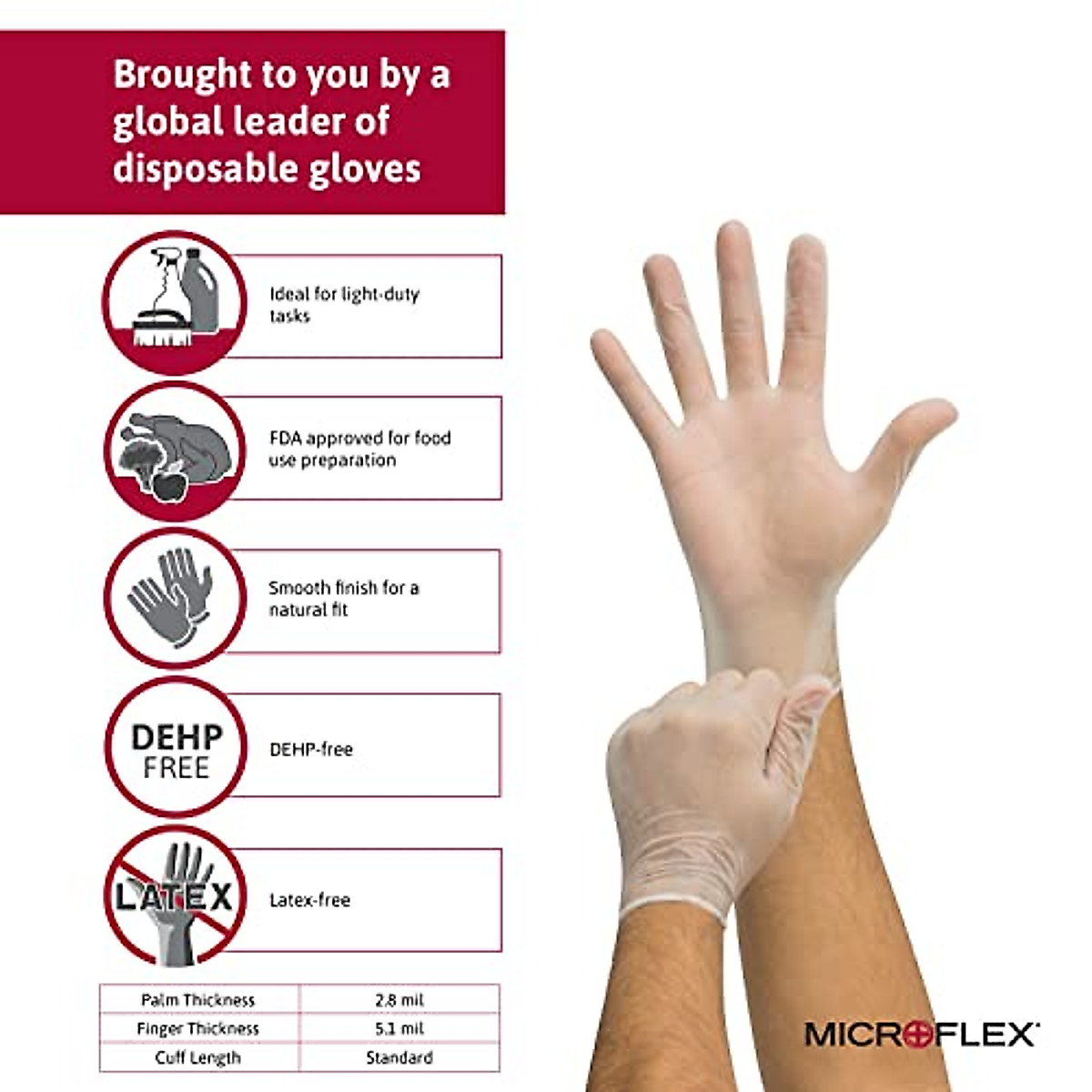 Microflex V28 Disposable Powder-Free Vinyl Gloves for Food Processing, Light Cleaning w/Smooth Surface - Med, Natural (Case of 1000)