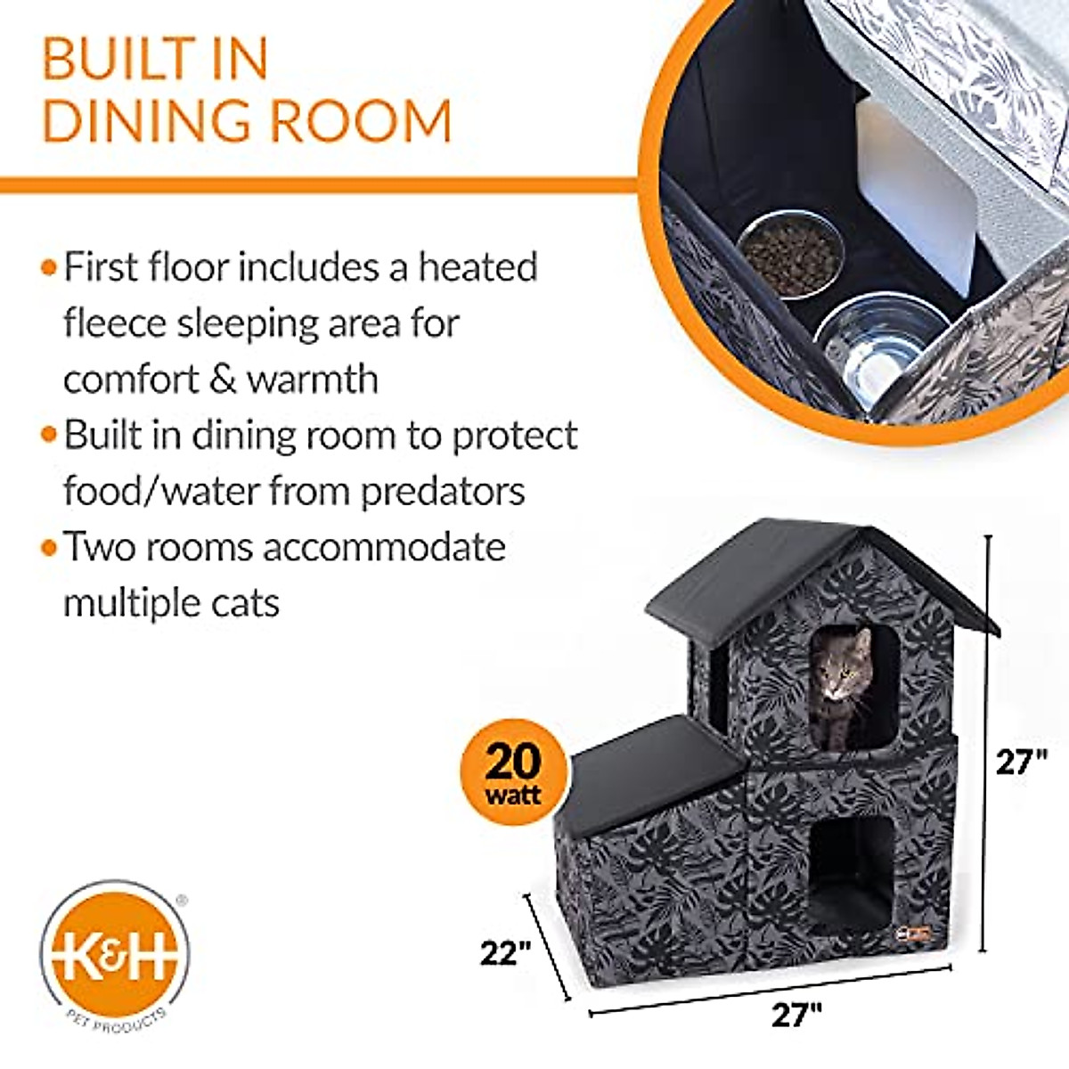 K&H PET PRODUCTS Two-Story Outdoor Kitty House with Dining Room Heated Gray Leaf 22 X 27 X 27 Inches