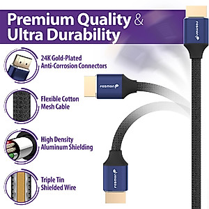 Fosmon HDMI 2.0 Cable 4K@60Hz 10ft, Premium Certified in-Wall CL3 Rated, 18Gbps Super High Speed, HDR, HDCP 2.2/1.4, 3D, ARC, 30AWG Cotton Braided Compatible with UHD TV, Monitor, Console