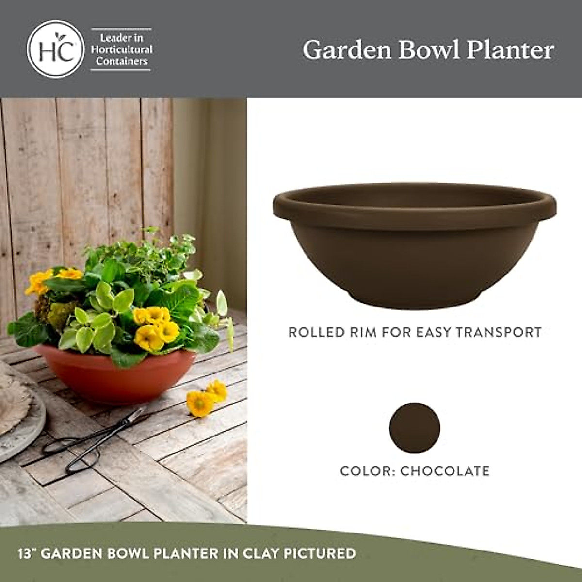 The HC Companies 15.5 Inch Large Garden Bowl Planter - Shallow Plant Pot with Drainage Plug for Indoor Outdoor Flowers, Herbs, Chocolate