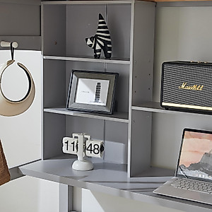 Karl home Loft Bed Twin Size, Wood Bed Frame with Safety Guardrails and Inclined Ladders, Bunk Bed with Desk and Shelves, Grey