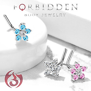 Forbidden Body Jewelry 20g Surgical Steel 6-CZ Crystal Flower L-Shape Nose Ring (Aqua)