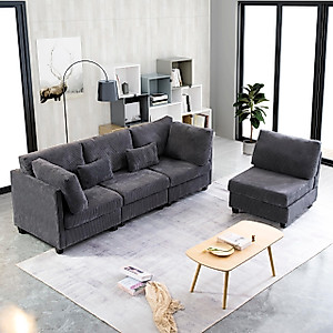 MYINDA Sectional Couches for Living Room, Convertible 4-Seat Deep Modular Couch with Movable Ottoman, Modern L Shaped Couch, Comfy Corduroy Upholstered Corner Sofa & Couches (Dark Gray)