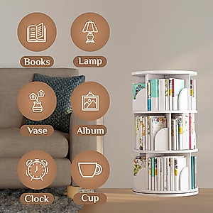 PrimeNex Rotating Bookshelf Tower 360° Display Bookcase, Floor Standing Book Shelf Storage Rack for Kids&Adult, Solid Wood Small Corner Bookshelf Organizer for Bedroom, Living Room- White (3 Tier)