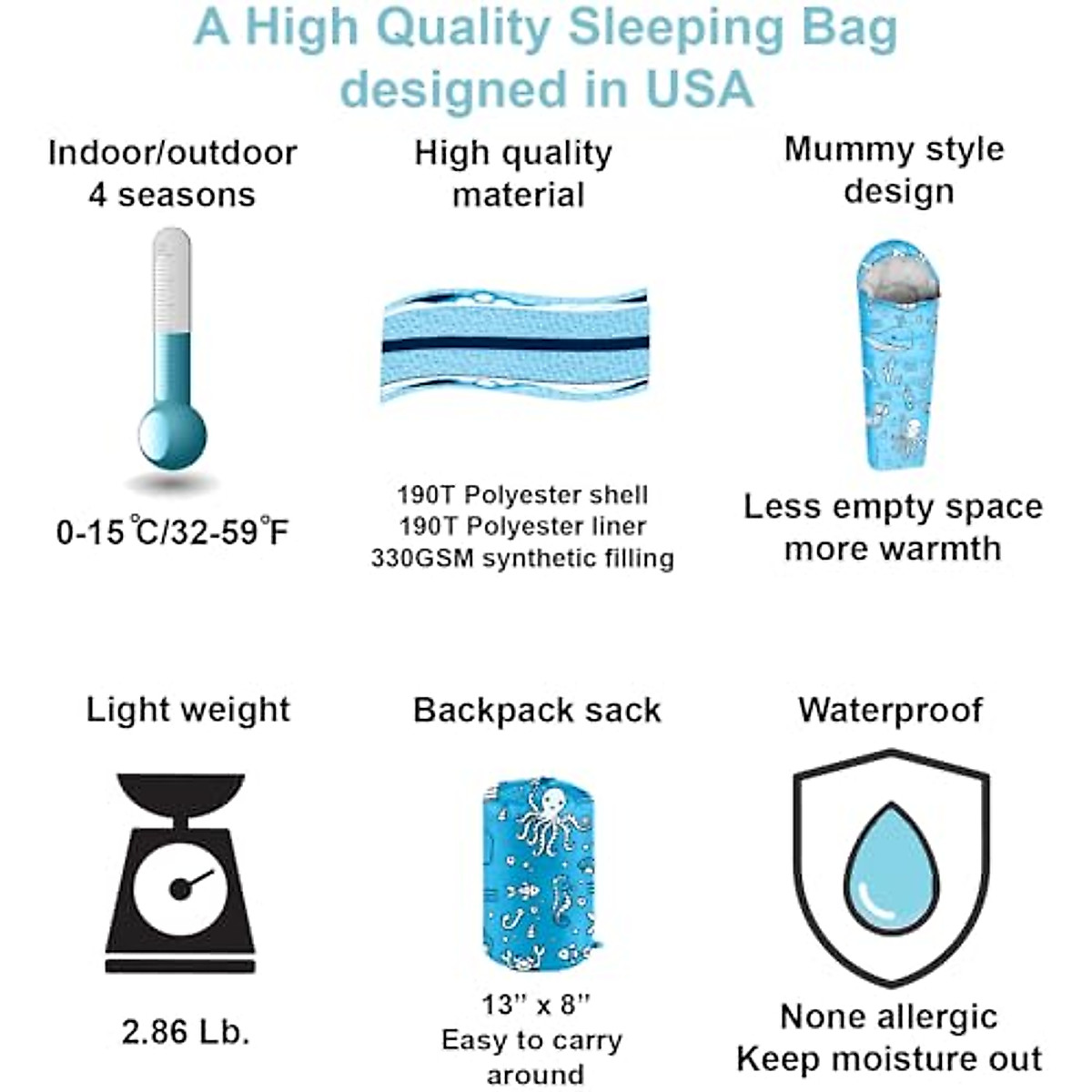 ANJ Outdoors 32F-59F Youth and Kids Sleeping Bag | Indoor/Outdoor Boys and Girls Sleeping Bag | Mummy Style, Lightweight Sleeping Bag for Kids